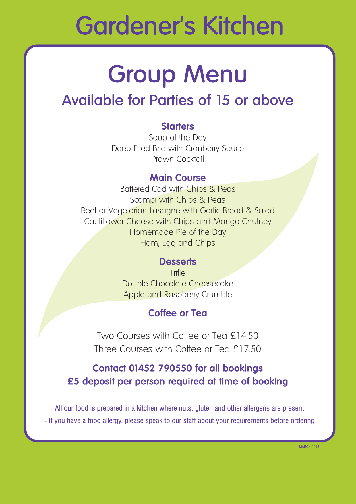 Group Bookings Menu - Restaurant - Trioscape Garden Centre
